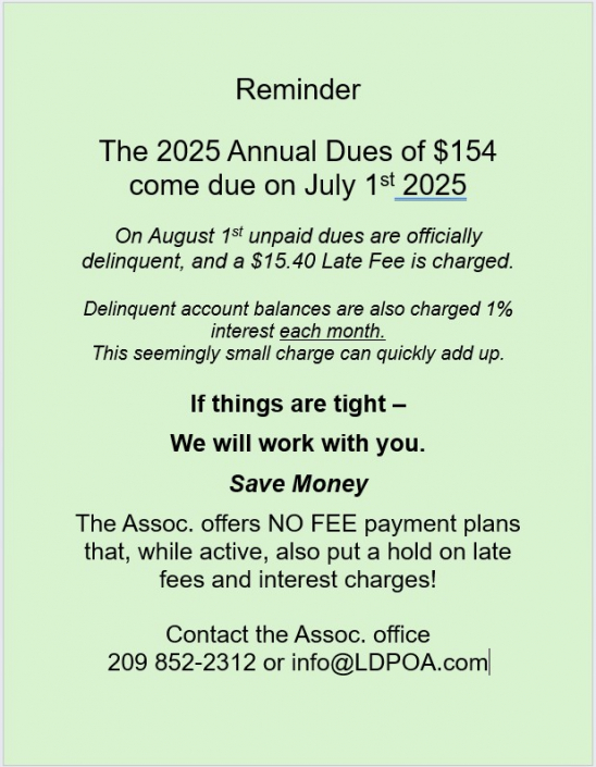 Reminder Dues & Pay Plans – The Lake Don Pedro Owner's Association